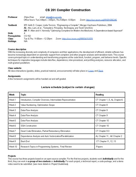 Syllabus Zhijia Zhao Cs 201 Compiler Construction Professor Zhijia Zhao Email Zhijia Cs Ucr