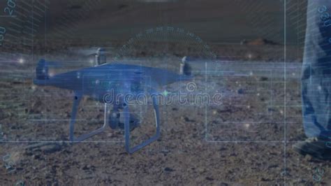 Drone Displaying Animation Of Data And Coordinates On Rocky Ground