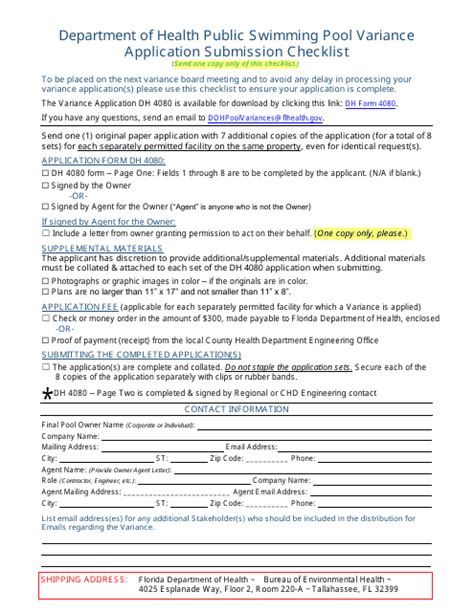 Florida Public Swimming Pool Variance Application Submission Checklist Fill Out Sign Online