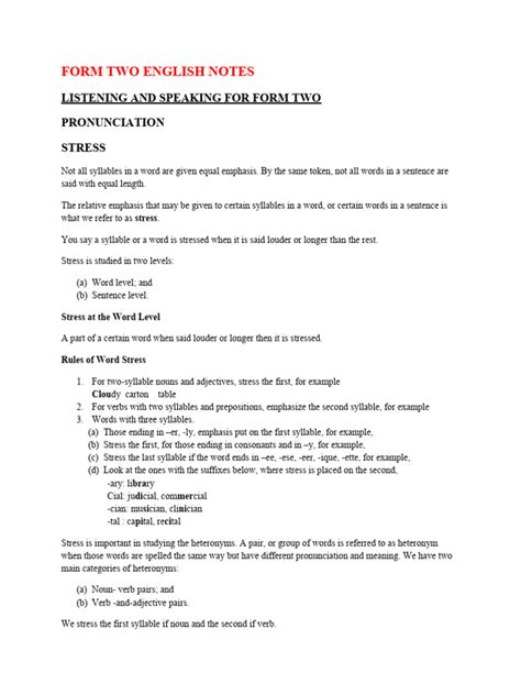 Form 2 English Notes Pdf Stress Linguistics Grammatical Number