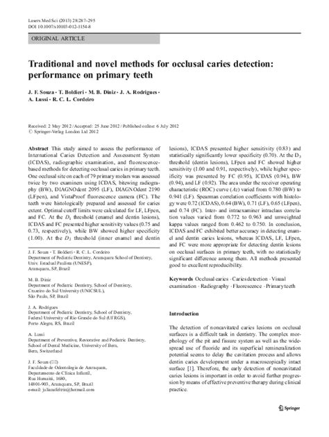 Pdf Traditional And Novel Methods For Occlusal Caries Detection Performance On Primary Teeth