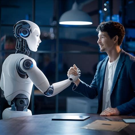 Premium Photo Futuristic Collaboration Hominoid Robot Shaking Hands