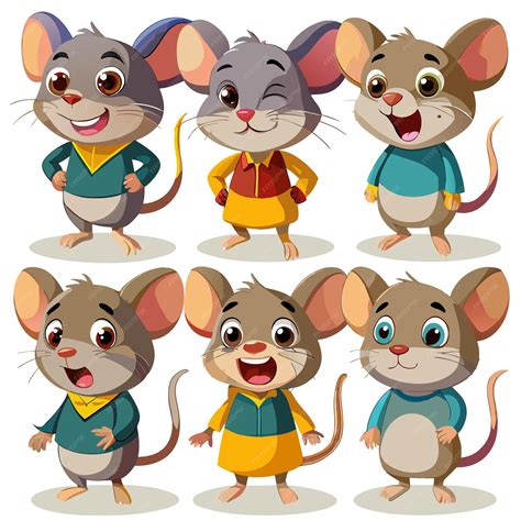 Six Cute Cartoon Mice Displaying Various Expressions And Outfits