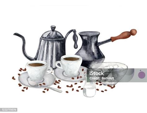 수채화 커피 세트입니다 커피 콩 빈티지 커피 메이커 차 주전자 손으로 그린 커피 구성 아침 식사는 미학 카드 로고 메뉴 디자인