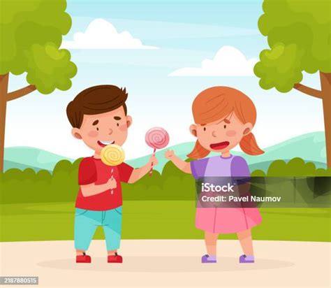 예의 바른 소년 캐릭터 몫 사탕 와 여자 친구 와 좋은 매너를 가지는 벡터 일러스트 레이 션 공유 개념에 대한 스톡 벡터 아트 및 기타 이미지 Istock