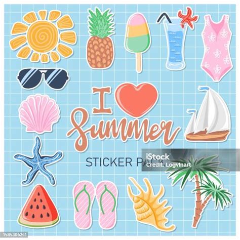 나는 여름을 좋아한다 다양한 계절 요소가 있는 손으로 그린 여름 스티커 팩 열대 휴가 여름철 기념일 로고 아이콘 스크랩북에 대한 스톡 벡터 아트 및 기타 이미지 Istock