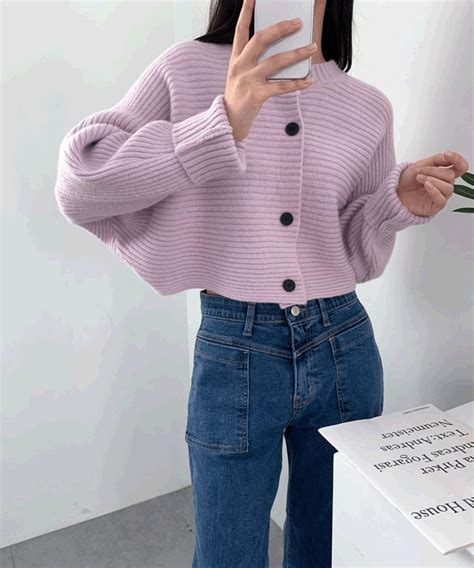 ﻿라운드넥 간절기 가오리 골지 니트 크롭 가디건 에이블리