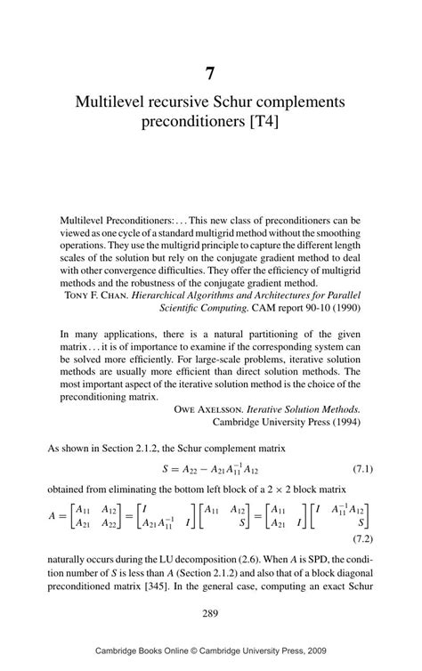 Multilevel Recursive Schur Complements Preconditioners T4 Chapter 7 Matrix Preconditioning