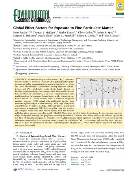 Pdf Global Effect Factors For Exposure To Fine Particulate Matter
