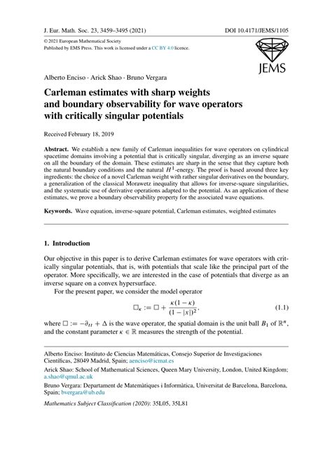 Pdf Carleman Estimates With Sharp Weights And Boundary Observability For Wave Operators With
