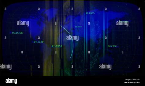 Displaying World Map Interface On Computer Screen With Grid Numeric Readouts Bars Blue Arc
