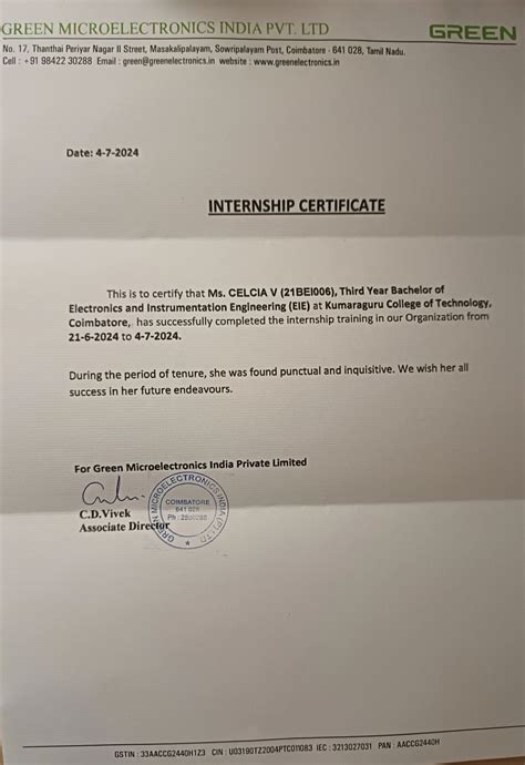 Celcia V On Linkedin Internship Electronics Engineering