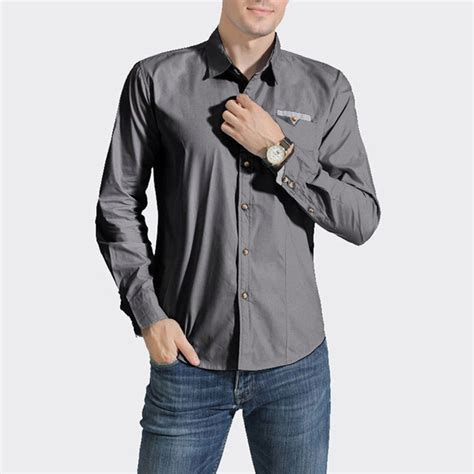 Рубашка Мужской серый Длинный Хлопок размер 46 облегающий Пуговицы Китай купить C доставкой на