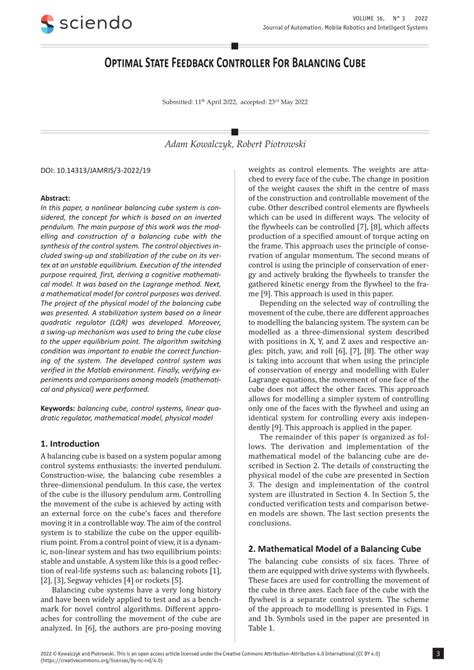 Pdf Optimal State Feedback Controller For Balancing Cube