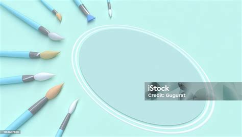 메이크업 브러쉬에 대 한 페인트 붓 아트 스튜디오와 원형 최소 개념에 파스텔 블루 톤 배경3d 렌더링에 예술적이 고 아름 다운 작품 3차원 형태에 대한 스톡 사진 및 기타