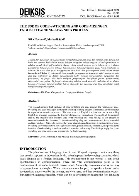 Pdf The Use Of Code Switching And Code Mixing In English Teaching Learning Process