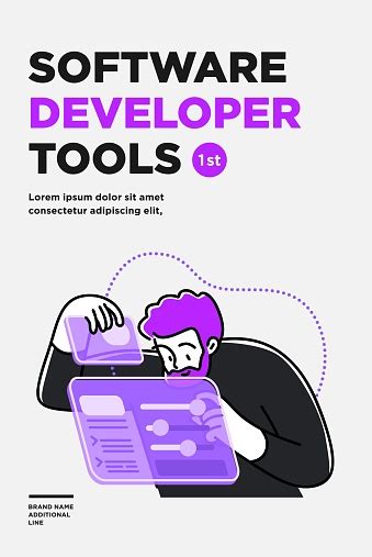 포스터 전단지 또는 배너 디자인 템플릿 비즈니스 컨셉 일러스트레이션 현대 플랫 아웃라인 스타일 소프트웨어 개발 도구 개념에 대한