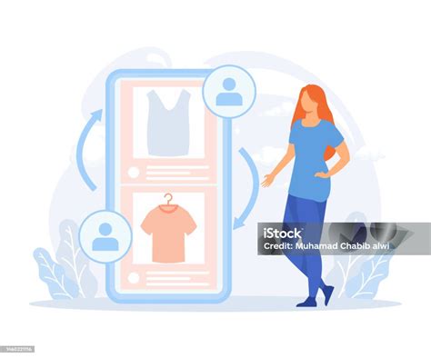 지속 가능한 패션 그림입니다 캐릭터는 온라인에서 중고 옷과 신발을 판매 구매 및 교환합니다 중고 옷 교환 및 기부 평면 벡터 현대 그림 개념에 대한 스톡 벡터 아트 및 기타