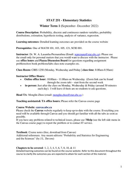 Syllabus Stat 251 W1 2022 Stat 251 Elementary Statistics Winter Term 1 September December