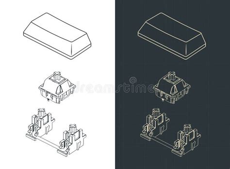 Switch With Stabilizer And Keycap For Mechanical Keyboard Isometric Blueprints Stock Vector