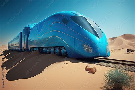 Blue Futuristic Cargo Train Of Future With Streamlined Cars In Desert