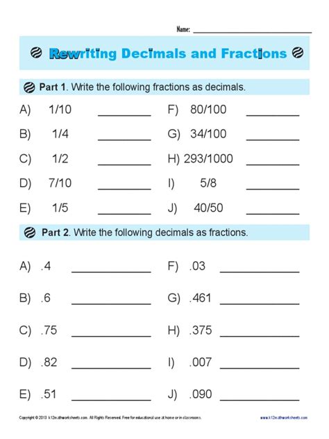Rewriting Decimals And Fractions Decimal Worksheets Pdf