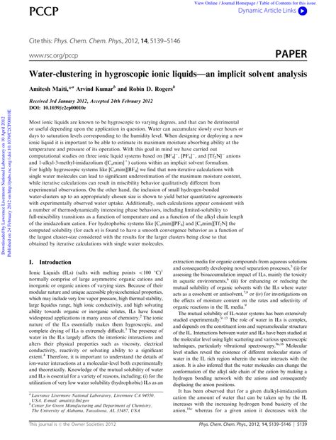 Pdf Water Clustering In Hygroscopic Ionic Liquids An Implicit Solvent Analysis