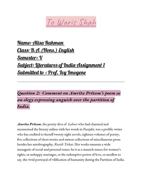 Assignment On To Waris Shah Pdf