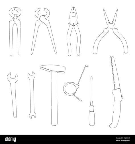 One Continuous Line Set Of Work Tools Wrench Pliers Tongs Ruler Tape Hammer Thin Line