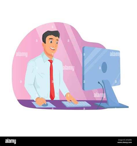 Concept Of Work In Office Businessman Looks At Screen Monitor And Analyzes Data Modern Flat