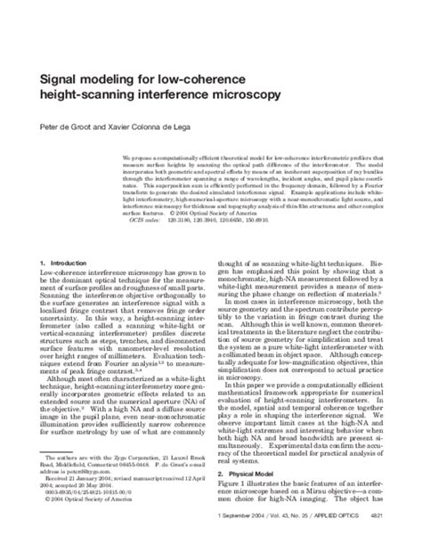 Pdf Signal Modeling For Low Coherence Height Scanning Interference
