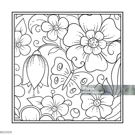 색칠 공부 페이지를위한 멘디 스타일의 사각형 꽃 패턴을 윤곽 성인과 어린이를위한 안티 스트레스 흑백의 낙서 장식 손 그리기 벡터 그림 색칠하기에 대한 스톡 벡터 아트 및
