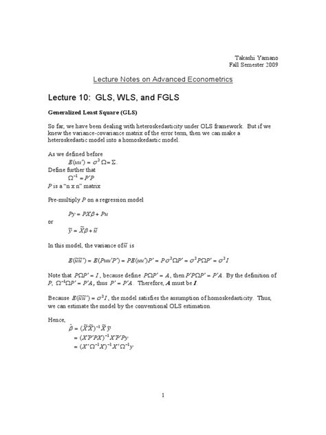 generalized least squares lecture notes pdf ordinary least