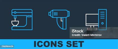 세트 라인 컴퓨터 모니터 전기 믹서 및 산업용 건조기 아이콘 벡터 가정 생활에 대한 스톡 벡터 아트 및 기타 이미지 가정 생활 가정 주방 가정의 방 Istock