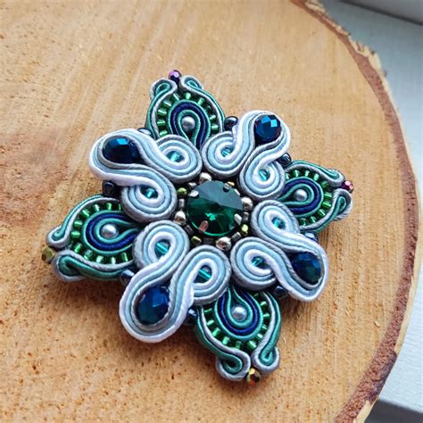 Green Brooch Beaded Brooch Soutache Embroidered Brooch