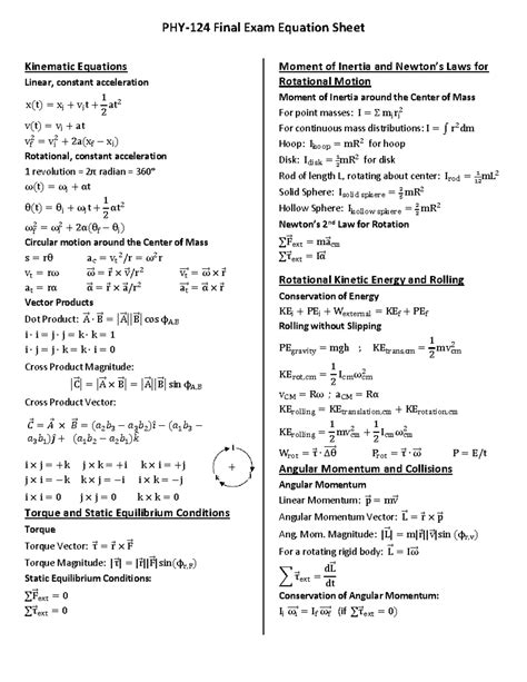 Phy 124 Final Exam Equation Sheet Kinematics And Rotational Motion Studocu