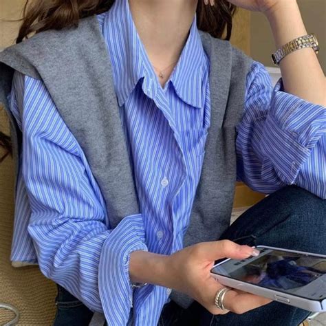 여성 어깨 숄 셔츠 세트 스트라이프 레이어드 블루 네이비 가을 데일리 에이블리