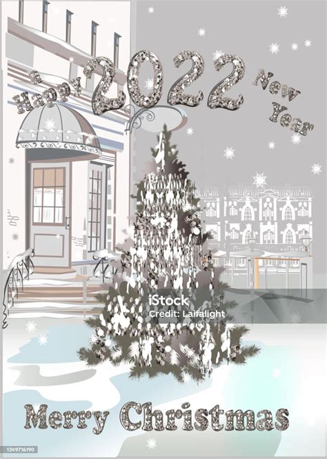 크리스마스 인사말 카드 크리스마스 트리로 장식 눈 덮인 거리의 손으로 그린 벡터 그림 집에 대한 스톡 벡터 아트 및 기타 이미지