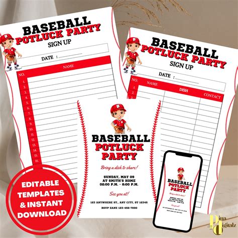 Editable Baseball Potluck Invitation Baseball Potluck Invite Potluck