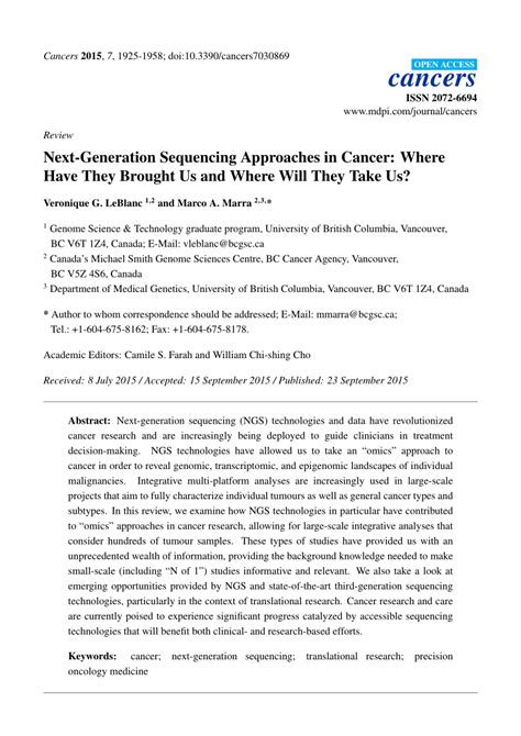 Pdf Next Generation Sequencing Approaches In Cancer Where Have They