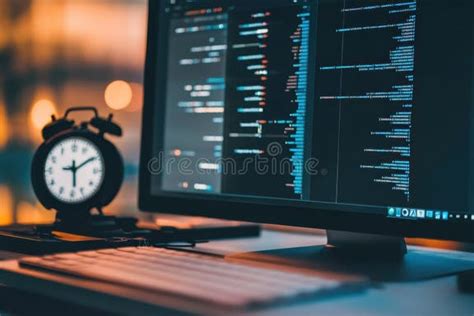 Evening Programming Session With A Computer Displaying Code And A Clock Showing The Time Stock