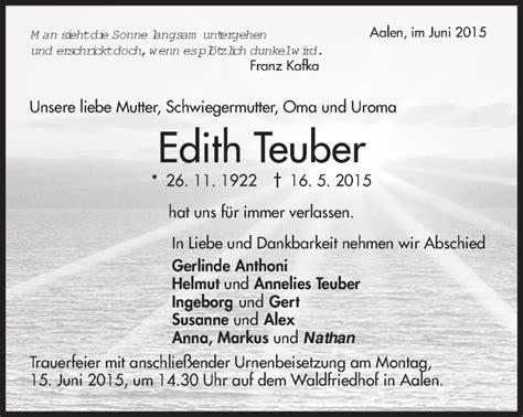 Traueranzeigen Von Edith Teuber Ostalbtrauer