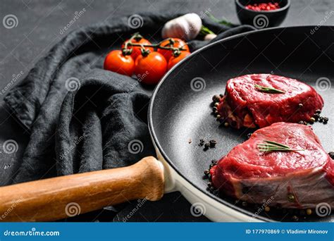 Raw Filet Mignon Steak In A Frying Pan Beef Tenderloin Black Background Stock Image Image Of