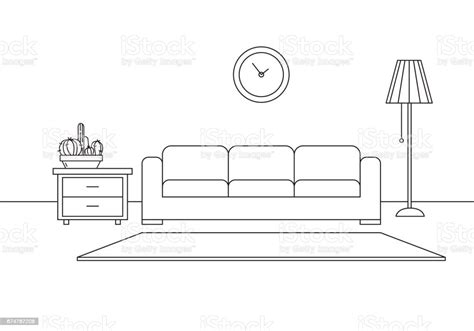 현대 인테리어입니다 소파 플로어 램프와 머리 맡의 테이블입니다 시계 벽에 건다 소파 앞 카펫이입니다 벡터 선형 스타일에서 그림입니다 3차원 형태에 대한 스톡 벡터 아트 및