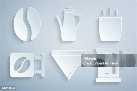 커피 종이 필터 컵 거리 간판 커피 전기 주전자 찻주전자 및 콩 아이콘을 설정합니다 벡터 3차원 형태에 대한 스톡 벡터 아트 및 기타 이미지 Istock