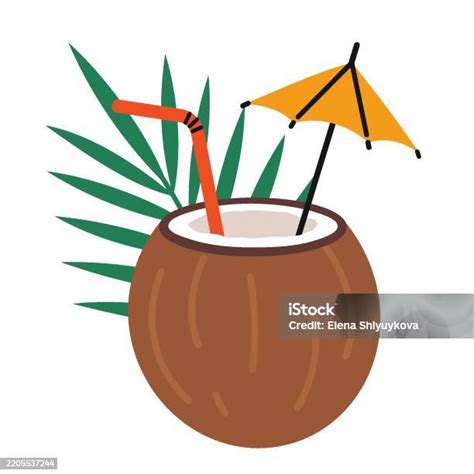 코코넛 트로피컬 칵테일 조개 우산 빨대 잎 현대 벡터 일러스트 레이 션은 흰색 배경 손으로 그린 평면 디자인에 고립 0명에 대한