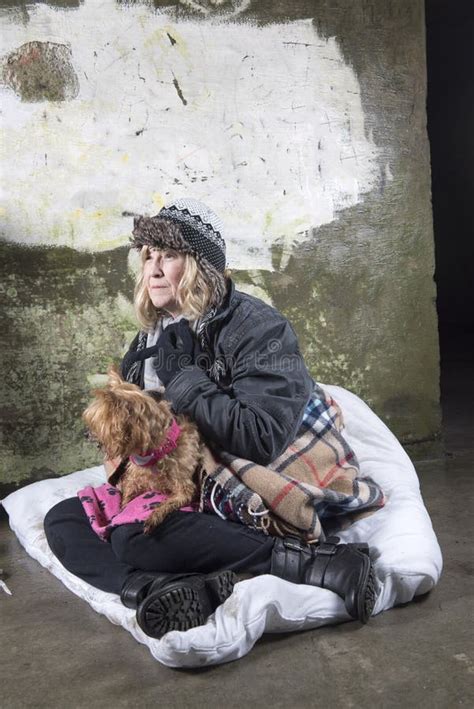 Зрелая бездомная женщина Outdoors умоляя с малой собакой Стоковое Фото изображение