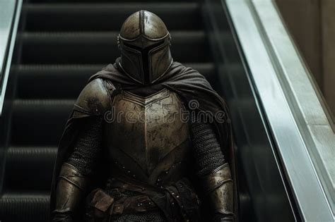 Medieval Warrior Wearing Full Body Armor And Helmet Going Up An