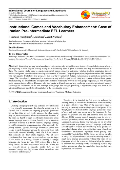 Pdf Instructional Games And Vocabulary Enhancement Case Of Iranian Pre Intermediate Efl Learners