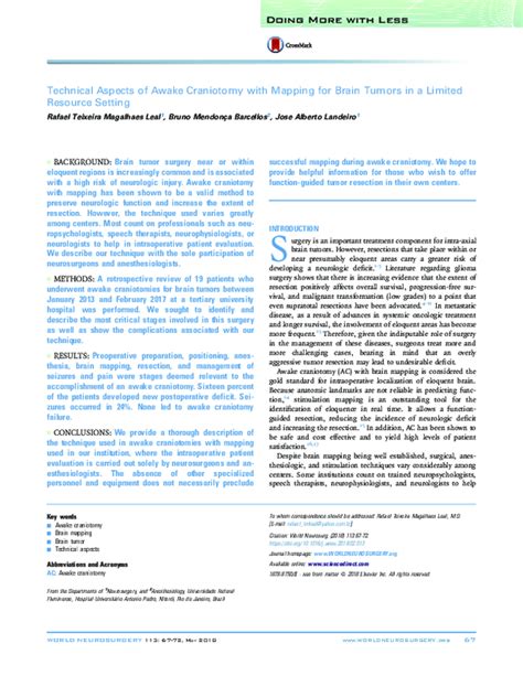 Pdf Technical Aspects Of Awake Craniotomy With Mapping For Brain Tumors In A Limited Resource